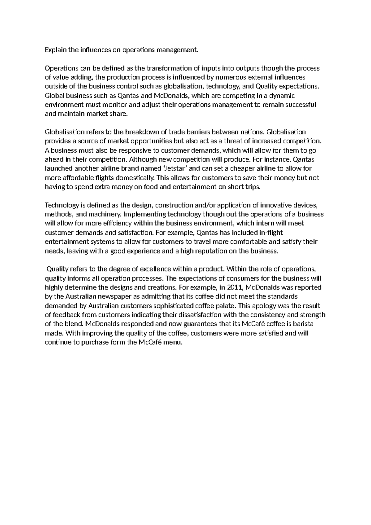 Business Sample essay 19 - Explain the influences on operations ...