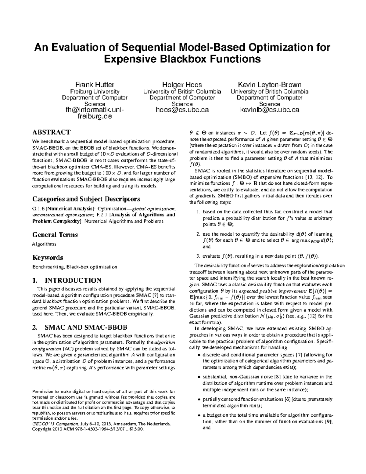 An Evaluation Of Sequential Model Based Optimization For Expensive