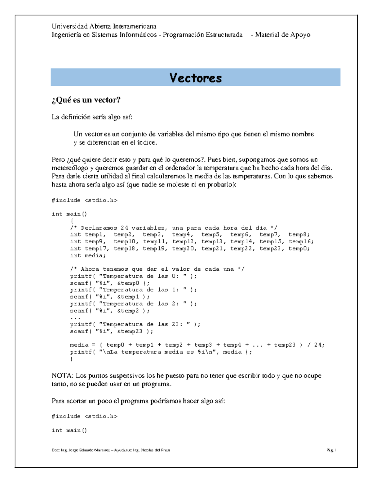 Vectores - Arrays - Ingeniería en Sistemas Informáticos - Programación ...