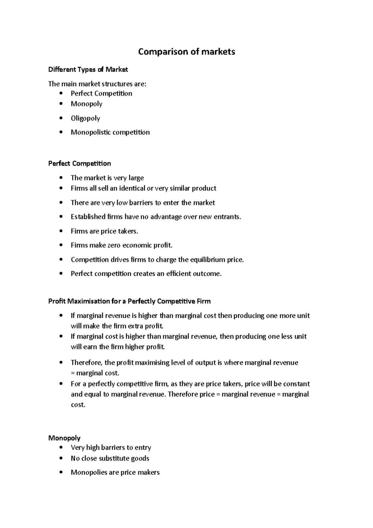 Comparison of markets cheat sheet - Comparison of markets Different ...