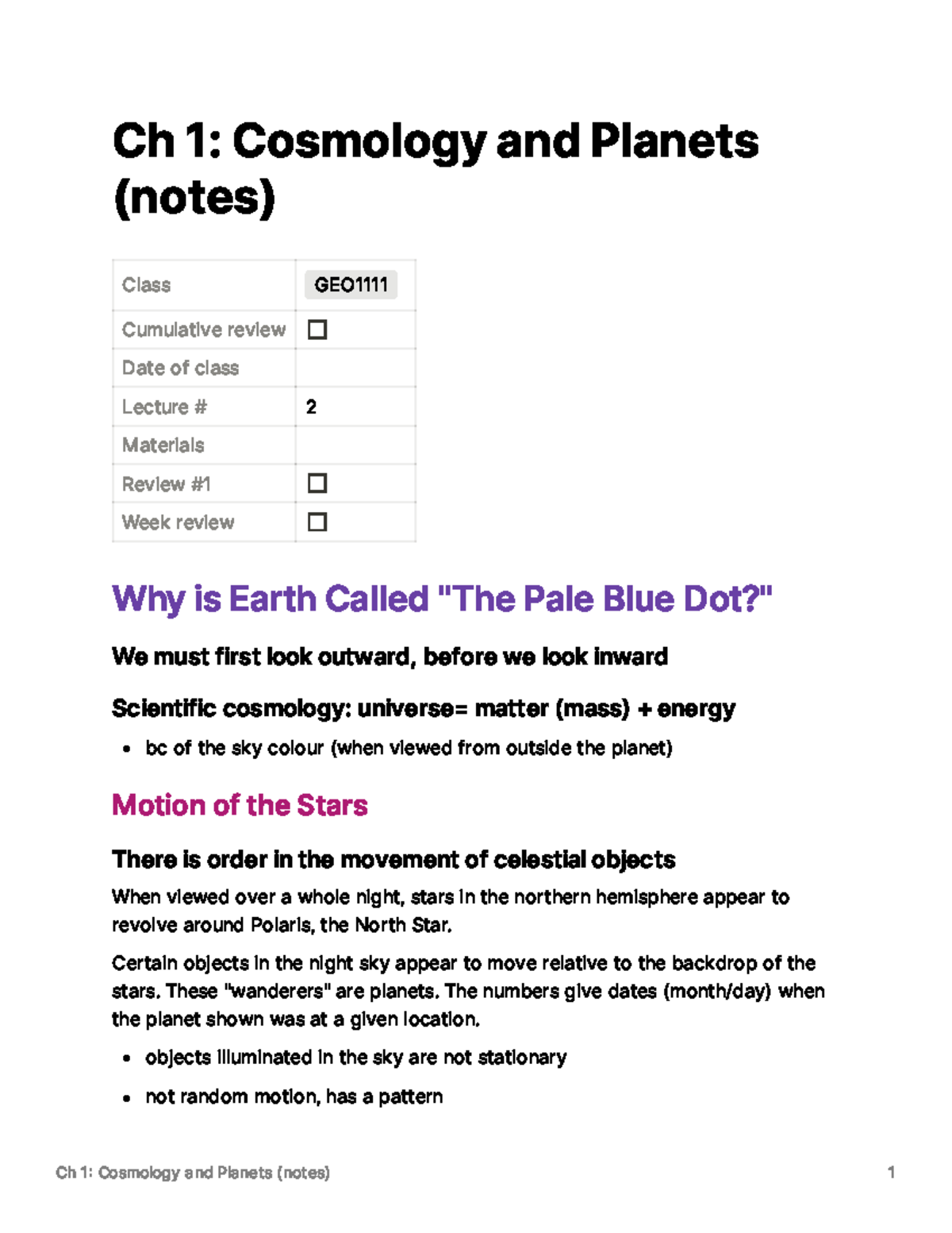 Ch 1 Cosmology and Planets (notes) - Ch 1: Cosmology and Planets (notes ...