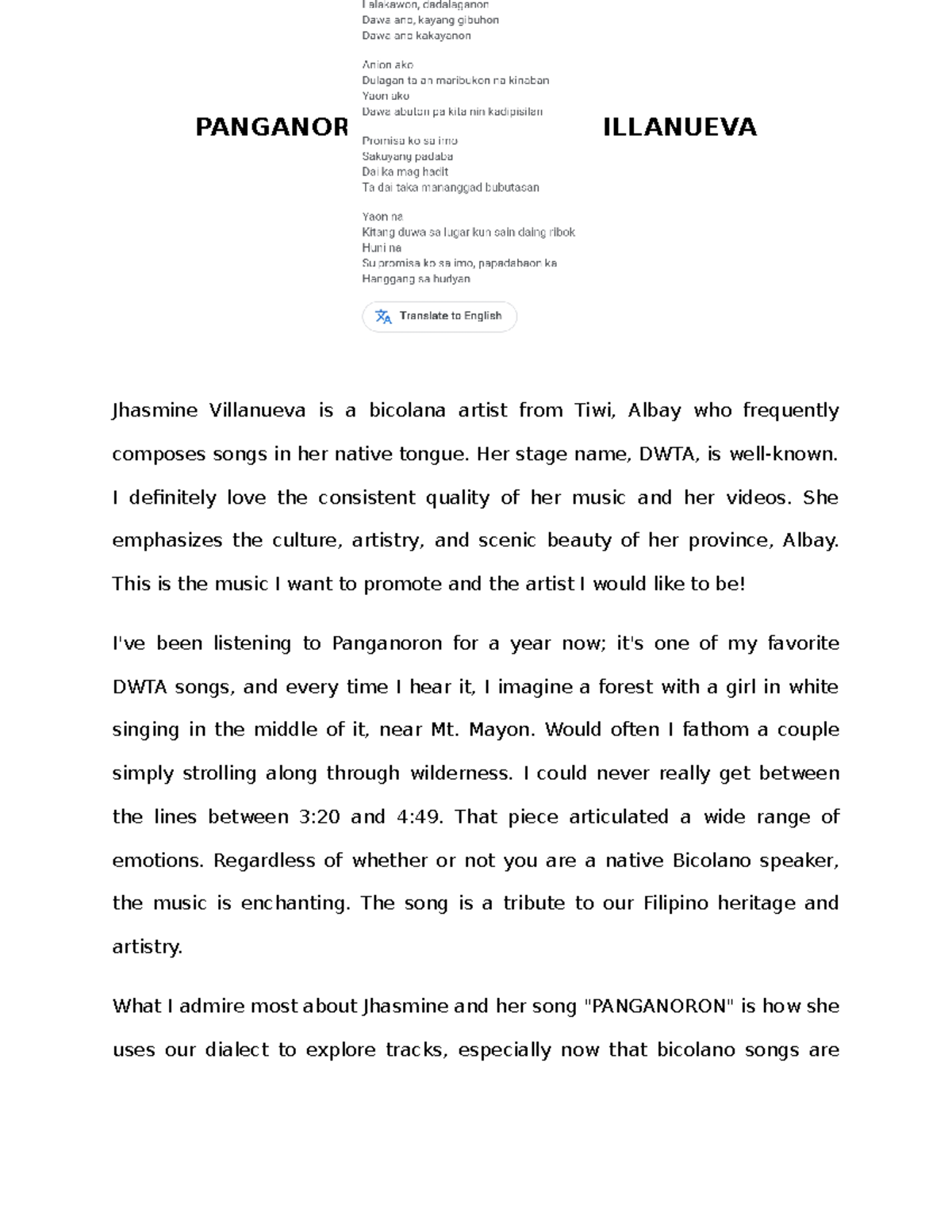 Panganoron - song analysis - PANGANORON — JHASMINE VILLANUEVA Jhasmine ...