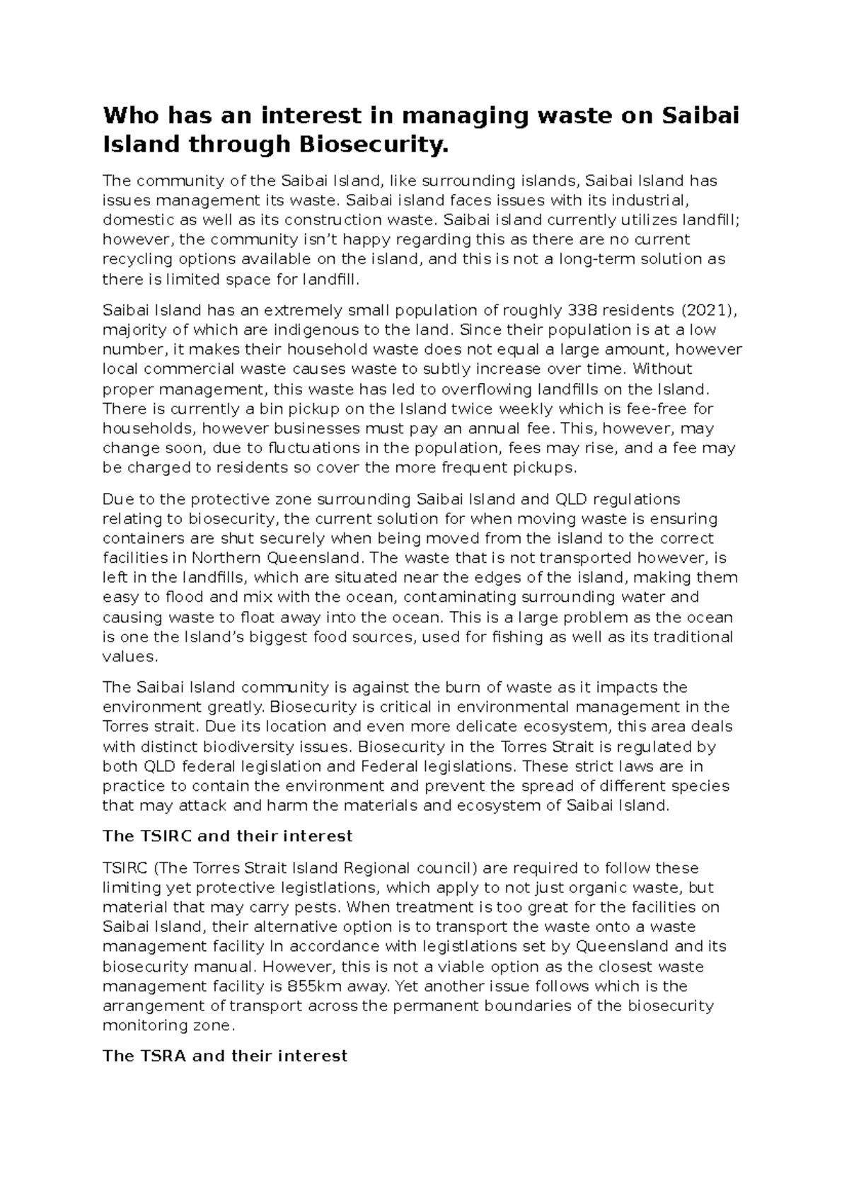 Saiba Island Assessment 1B - Who has an interest in managing waste on ...