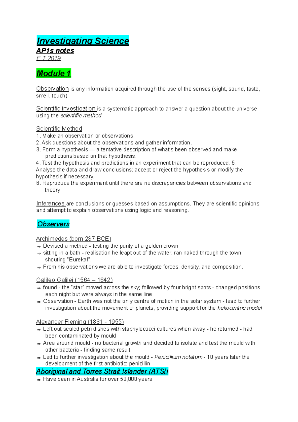 Topic - (Investigating Science) Notes on Module 1 & 2 - Investigating ...