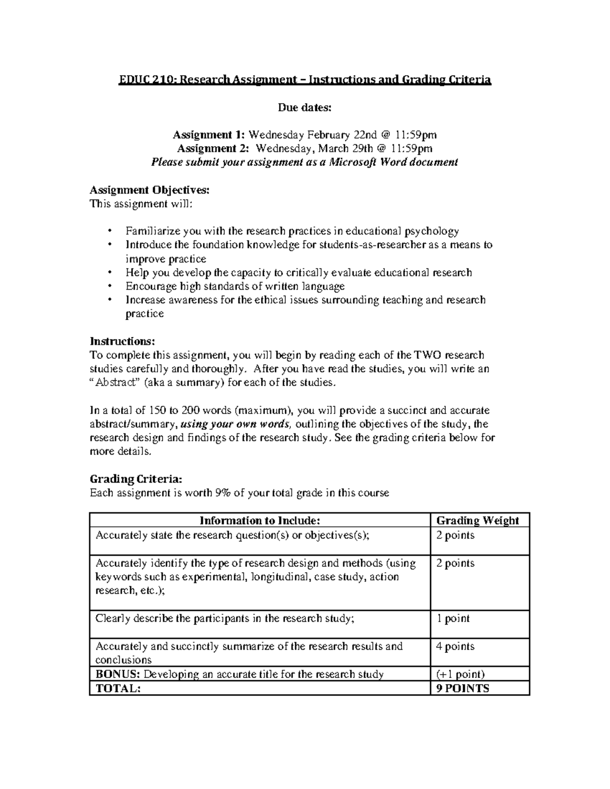 EDUC 210 Research Assignments - Instructions and Grading Criteria (Winter 2023) - EDUC 210 ...