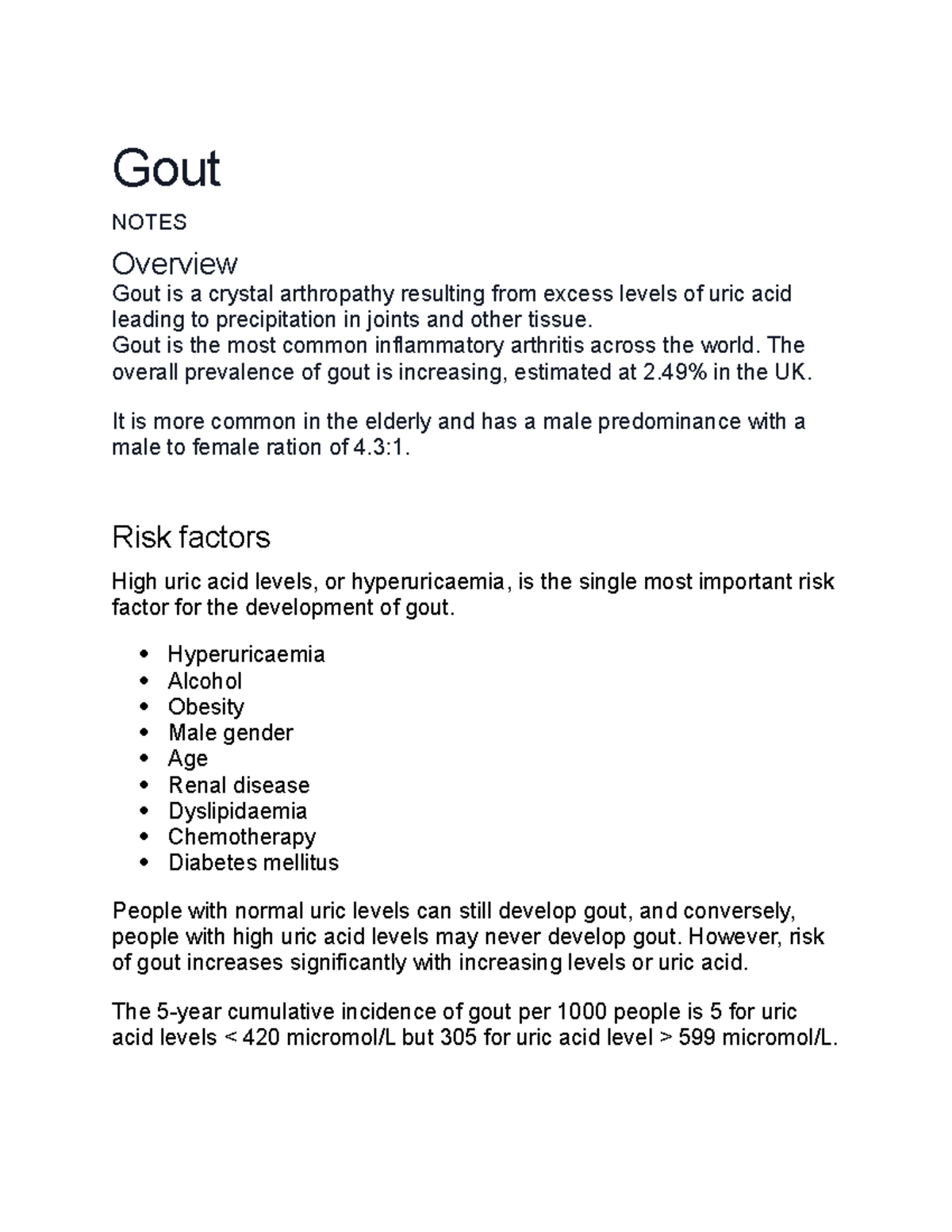 Gout - Lecture notes 1 - Gout NOTES Overview Gout is a crystal ...