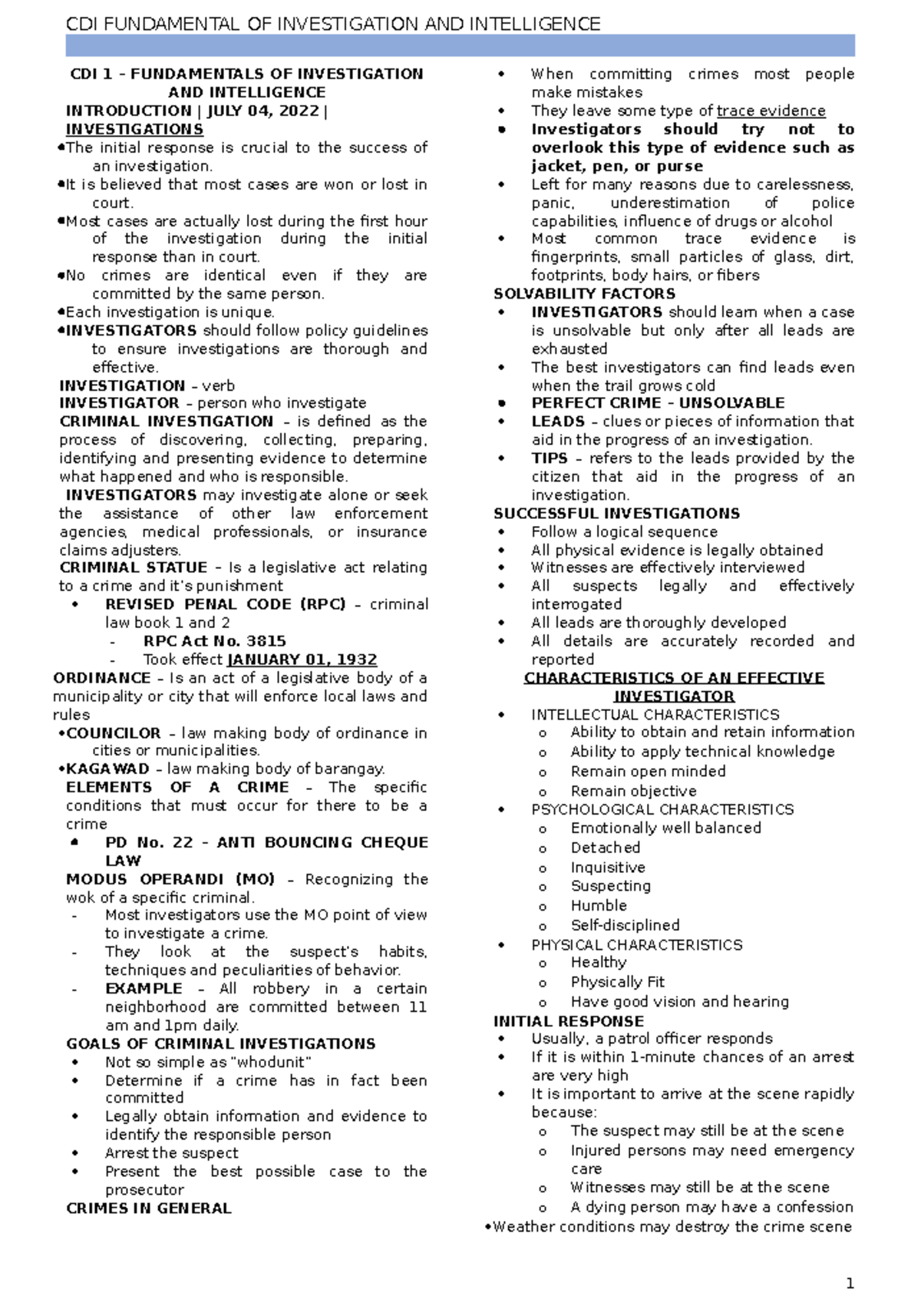 CDI 1 - FUNDAMENTAL OF INVESTIGATION AND INTELLIGENCE - CDI 1 ...