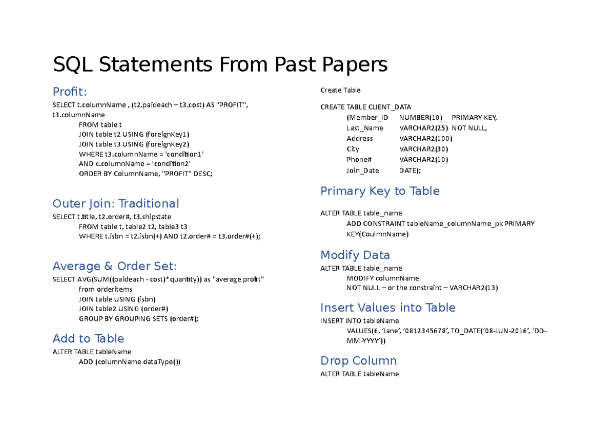 PARCIAL 20 18 October 2019, answers - SQL Statements From Past Papers ...