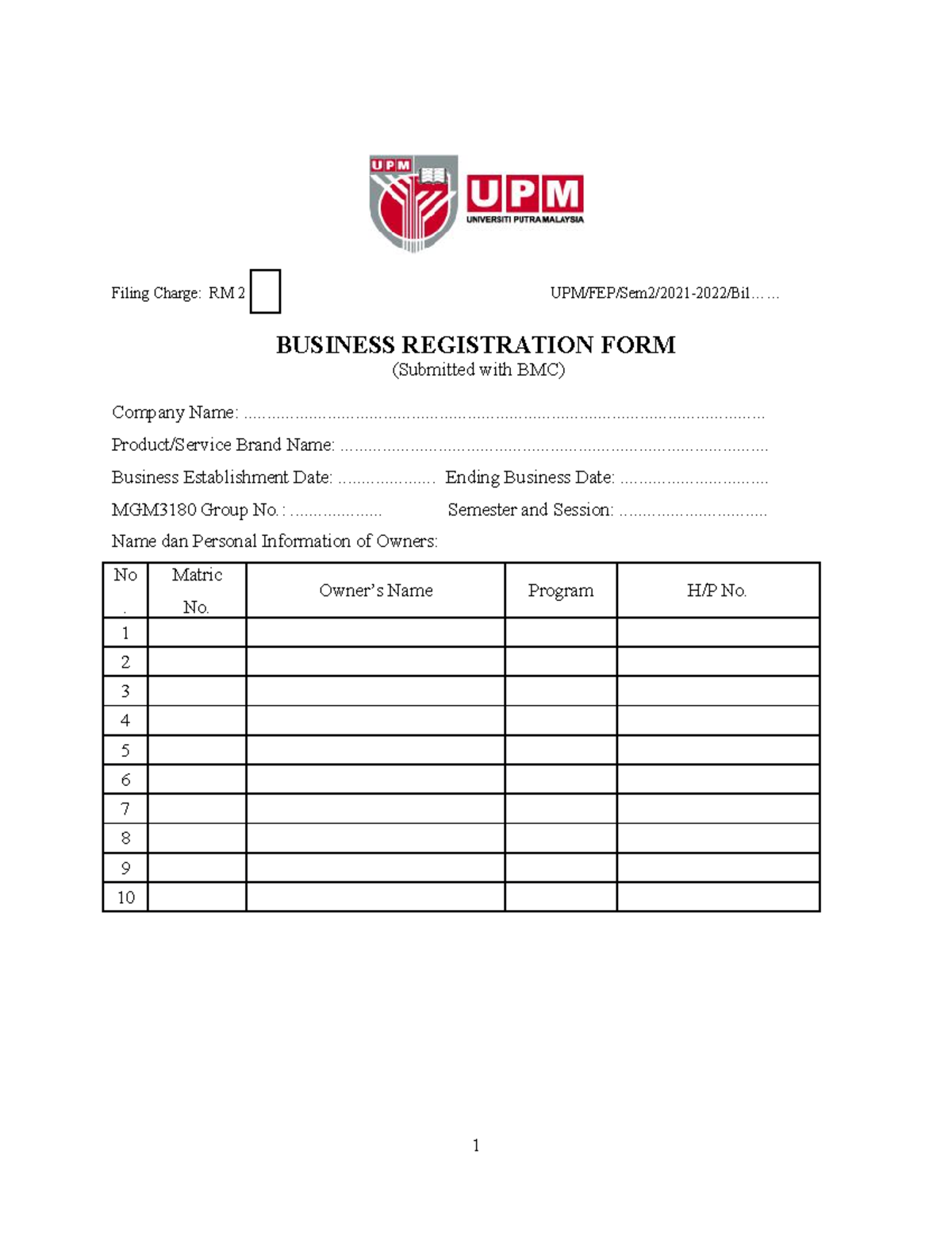 04 Business Registration Form with BMC - Filing Charge: RM 2 UPM/FEP ...