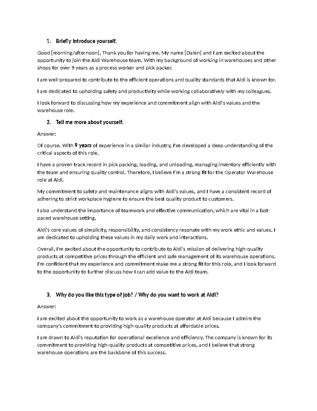 Interview Script Aldi - Briefly introduce yourself. Good [morning ...