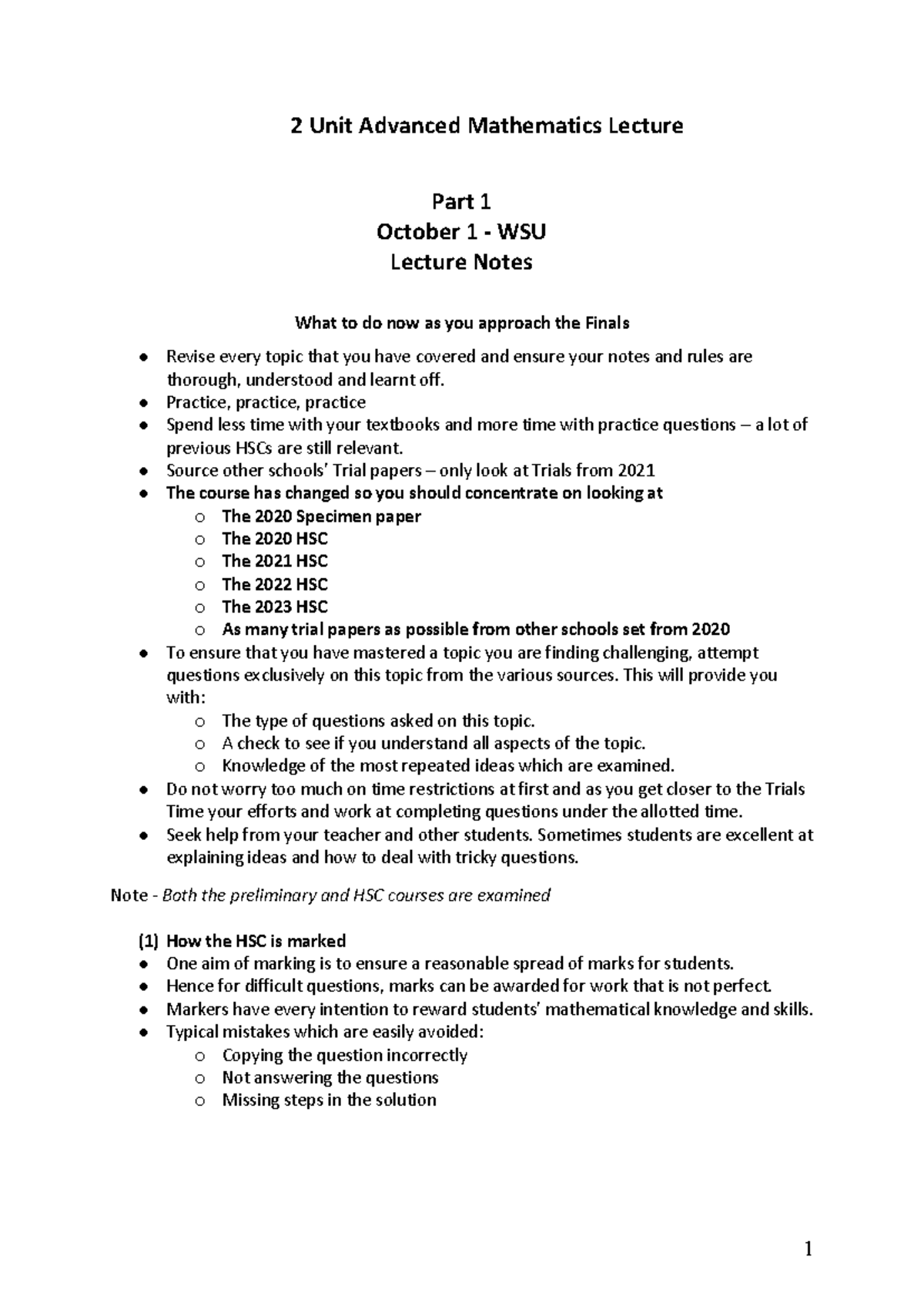 2024 Mathematics Advanced October Lecture Part 1 - 2 Unit Advanced Mathematics Lecture Part 1 ...