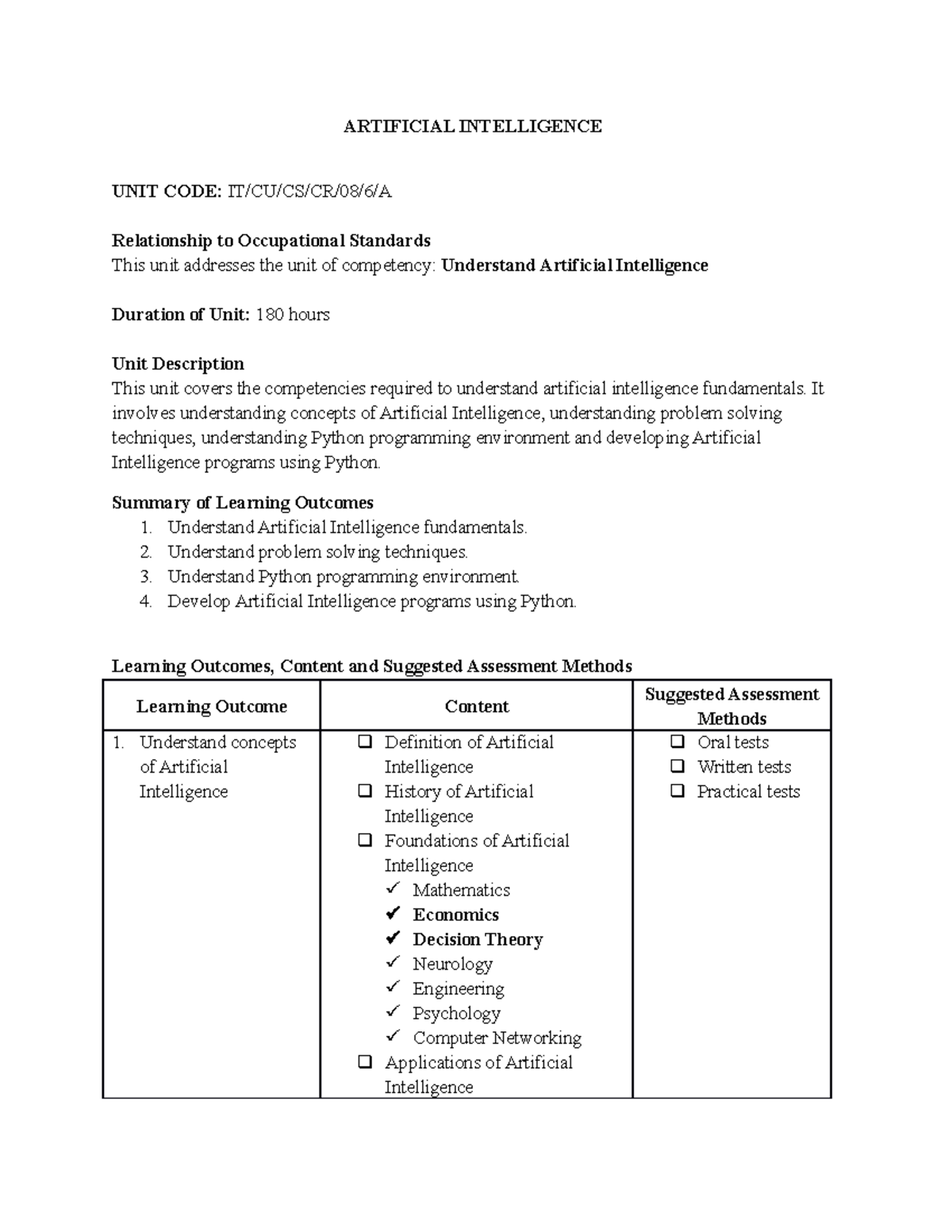 Artificial Intelligence course outline- Desktop- Nubfnpc - ARTIFICIAL INTELLIGENCE UNIT CODE ...