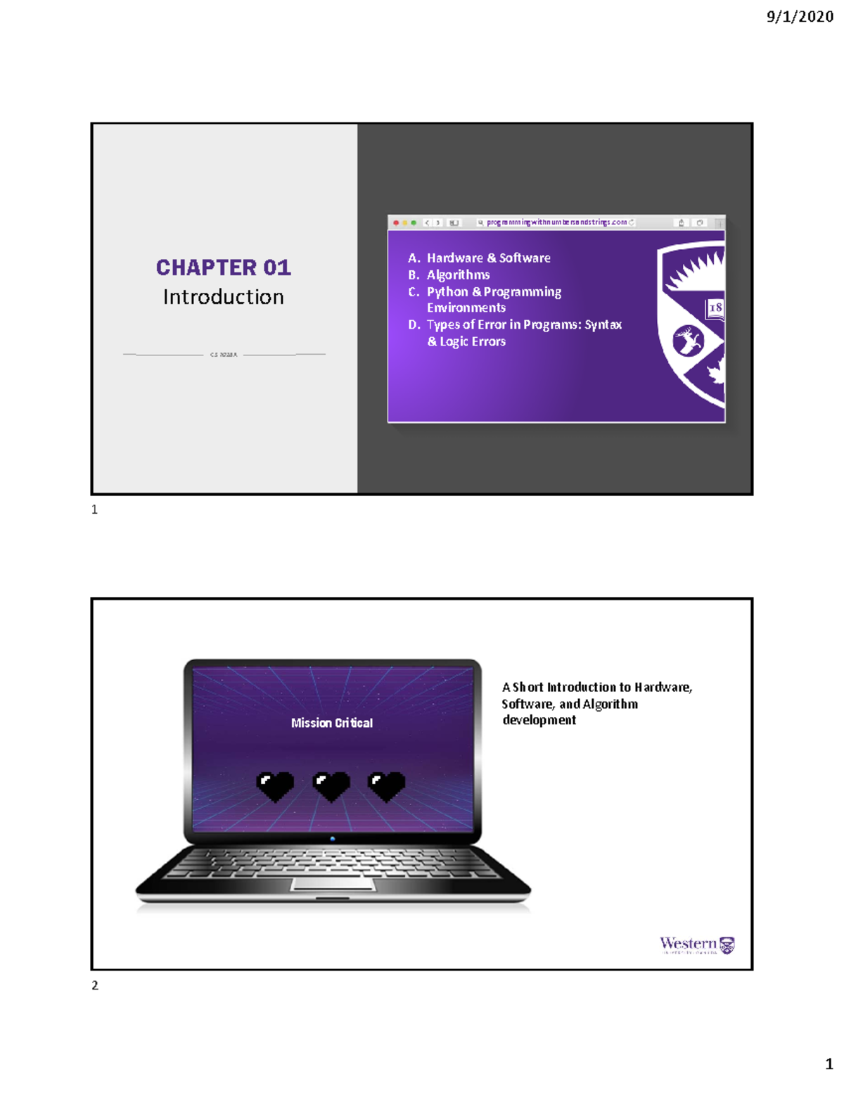 Ch01 - Lecture notes 1 - CHAPTER 01 Introduction CS 1026A A. Hardware ...