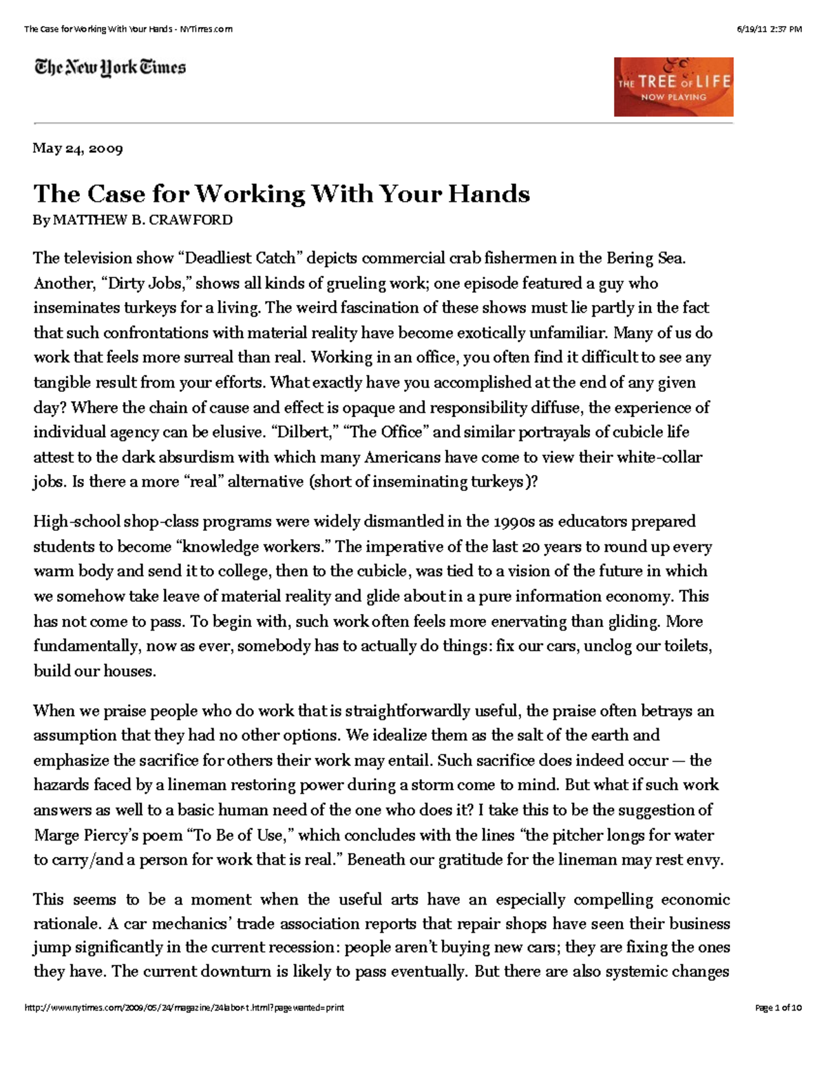 Crawford's Case for Working w Your Hands - May 24, 2009 The Case for ...