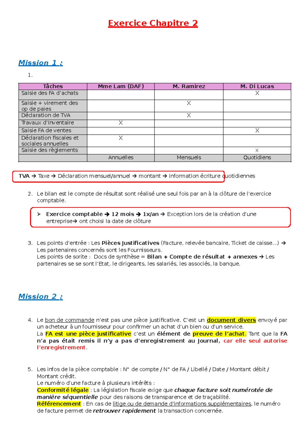 Exercice Chapitre 2 P1 - Exercice Chapitre 2 Mission 1 : 1. Tâches Mme Lam (DAF) M. Ramirez M ...