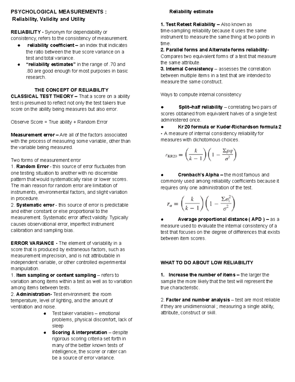 Reliability Validity Utility Handouts - PSYCHOLOGICAL MEASUREMENTS : Reliability, Validity and ...