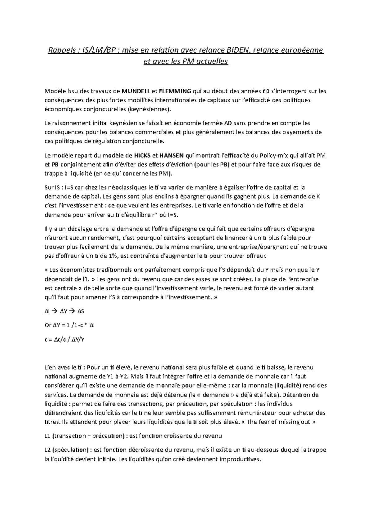 Islmbp et plans de relance - Rappels : IS/LM/BP : mise en relation avec ...