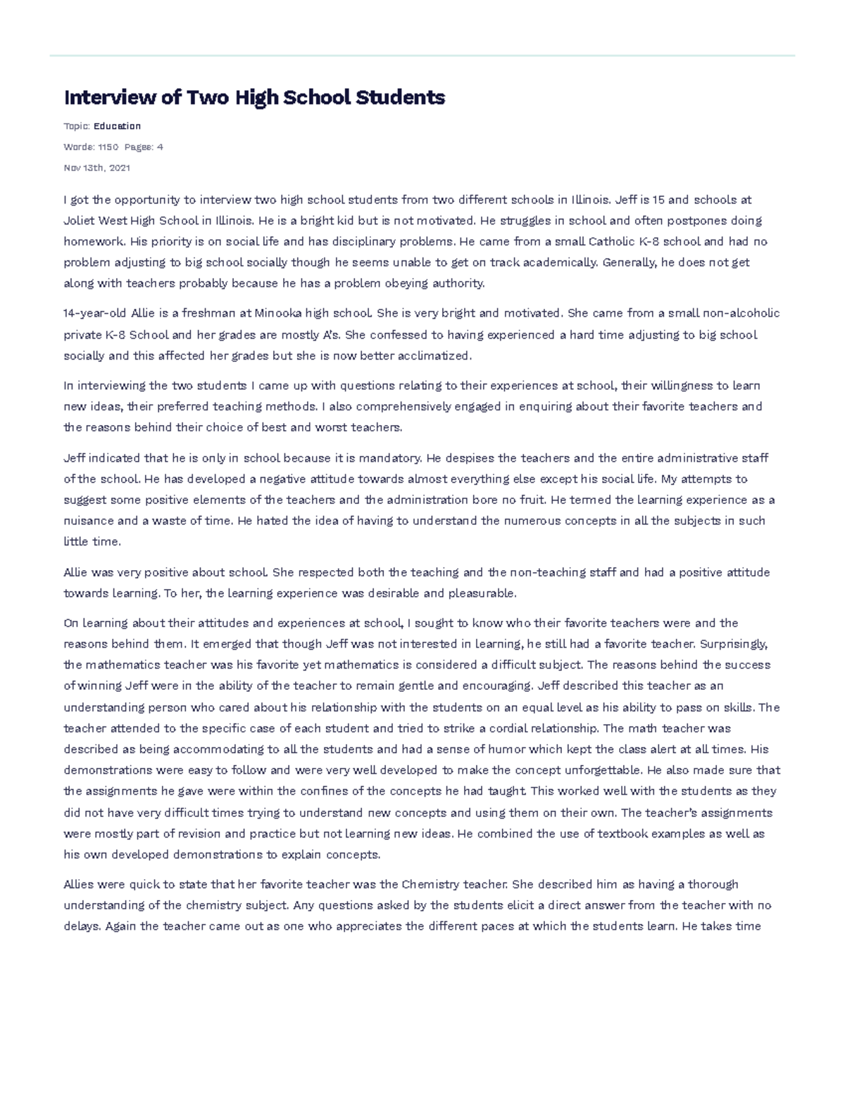 Interview of Two High School Students Free Essay Example - Interview of ...