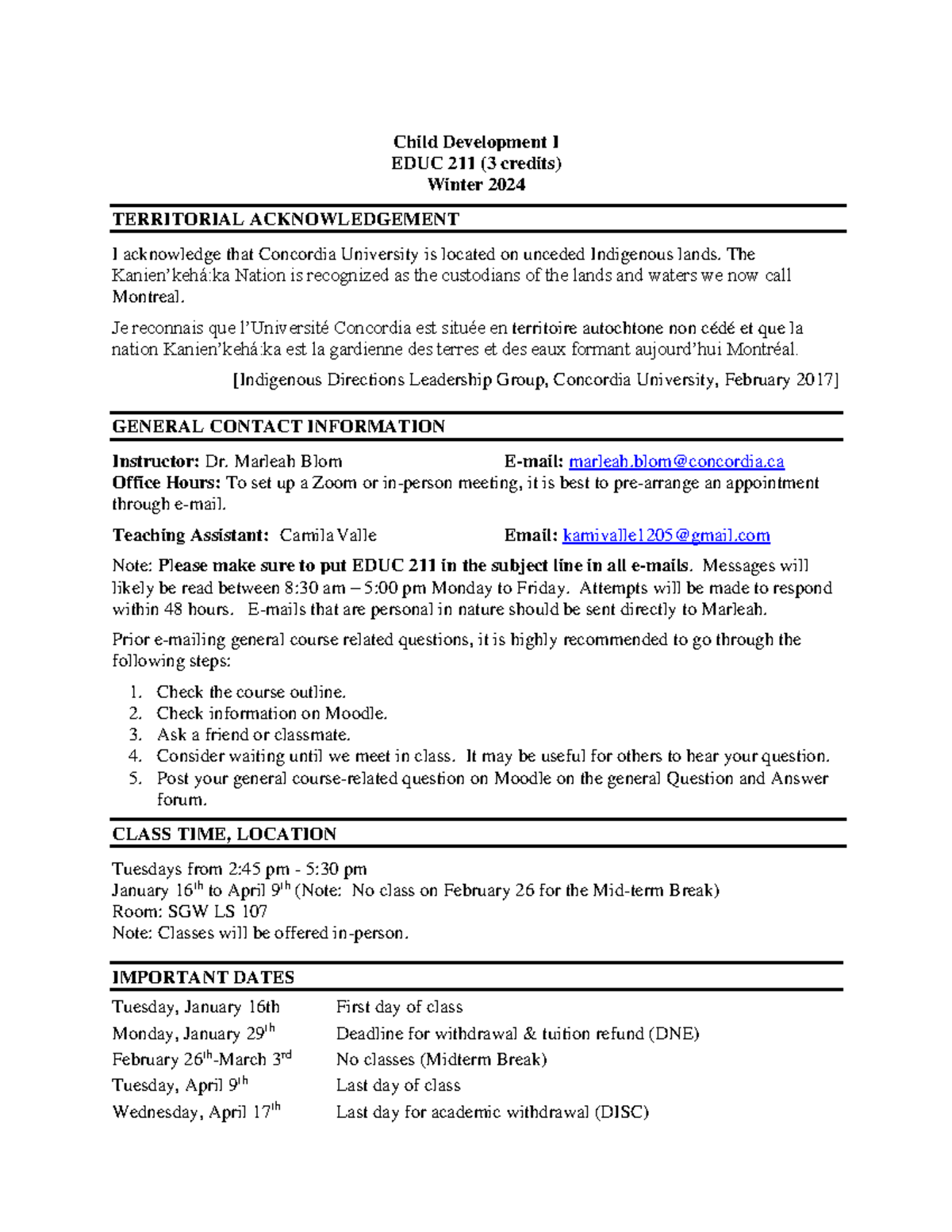 EDUC 211 Winter 2024 Course Outline Updated - Child Development I EDUC ...