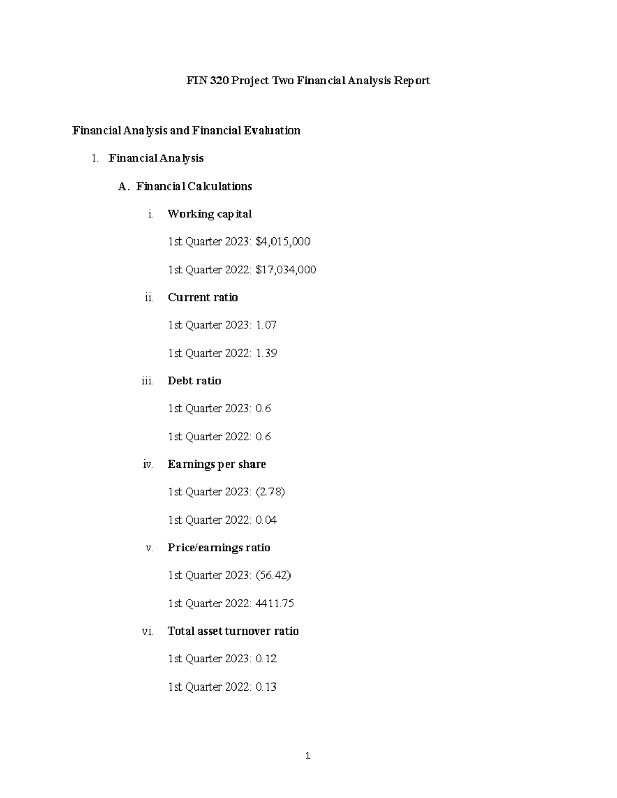 FIN 320 Project Two Financial Analysis Report - Financial Analysis A ...