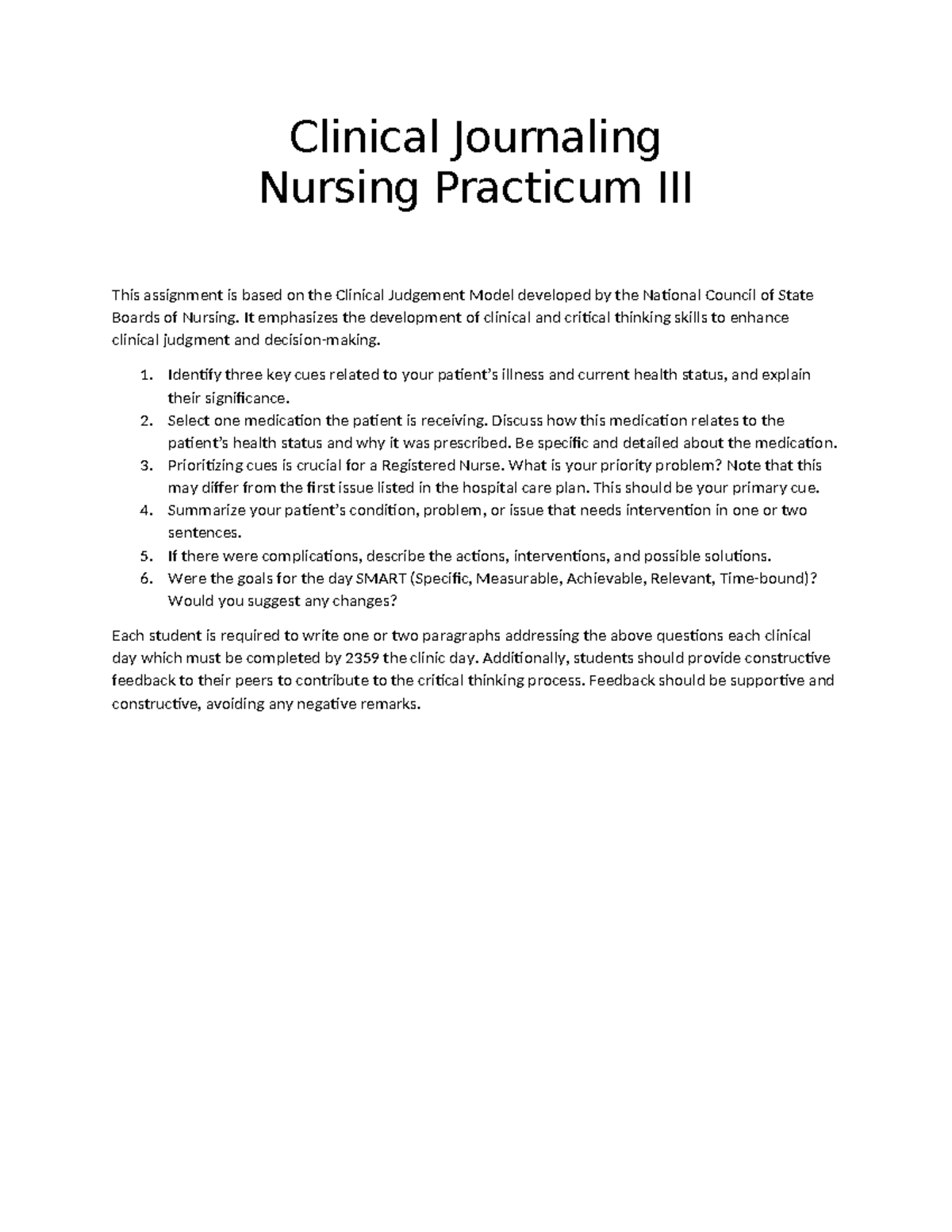 Clinical Journaling - Clinical Journaling Nursing Practicum III This ...