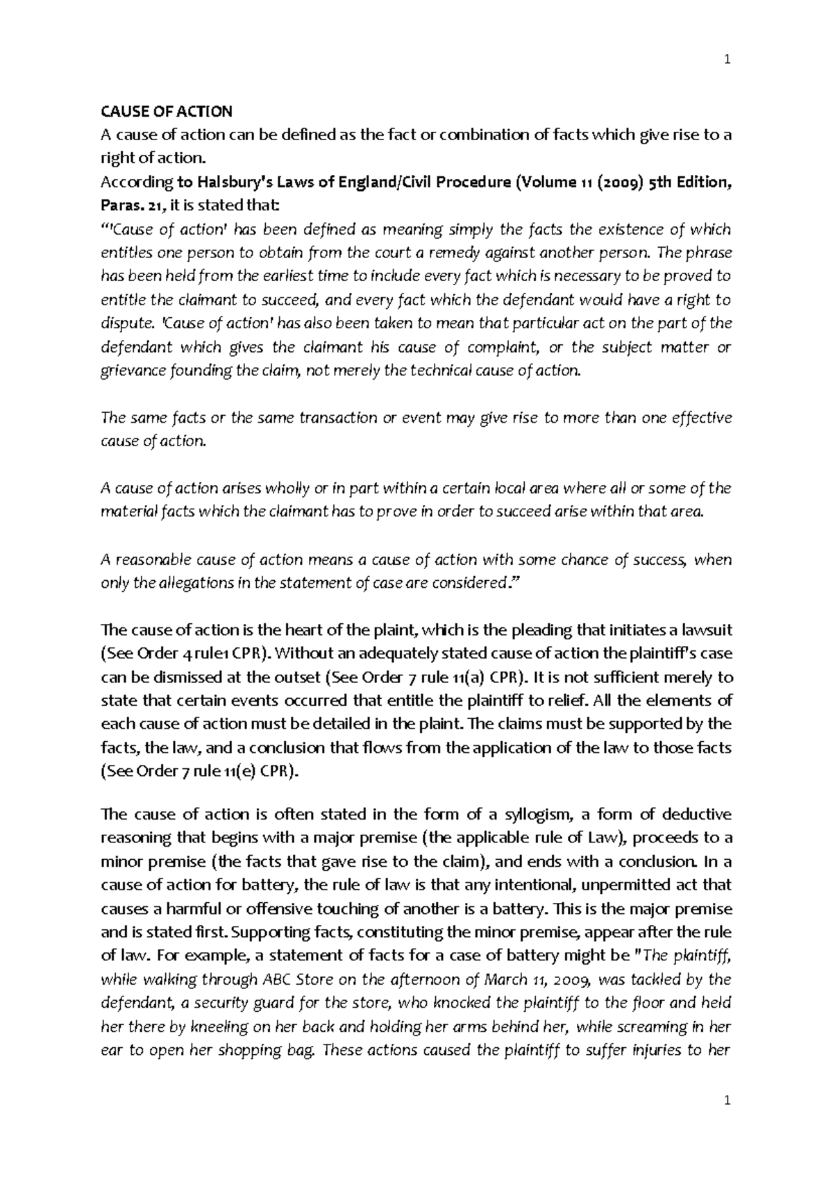 Cause OF Action 2014 - CAUSE OF ACTION A cause of action can be defined ...