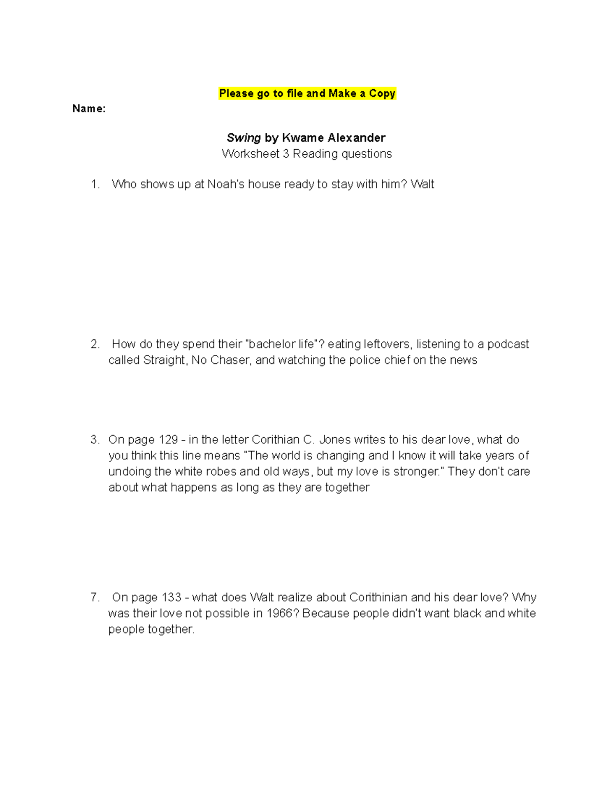 Copy of Swing Worksheet 3 Questions - Please go to file and Make a Copy ...
