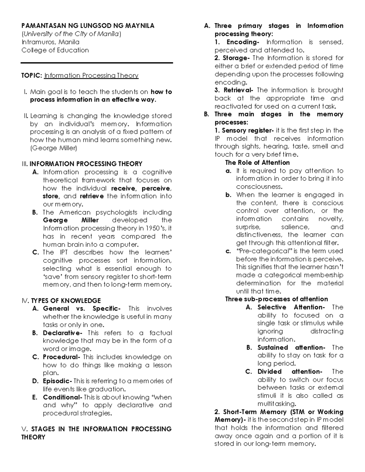 Information Processing Handout - PAMANTASAN NG LUNGSOD NG MAYNILA ( University of the City of ...