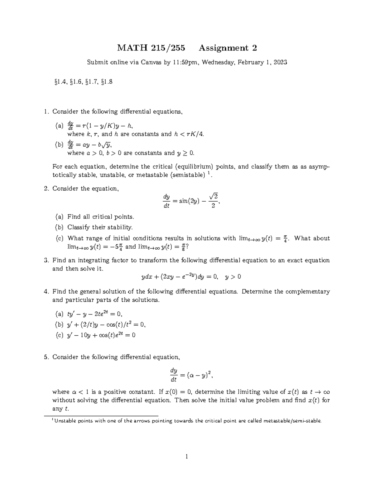 H2 2023123 dfdsa - MATH 215/255 Assignment 2 Submit online via Canvas ...