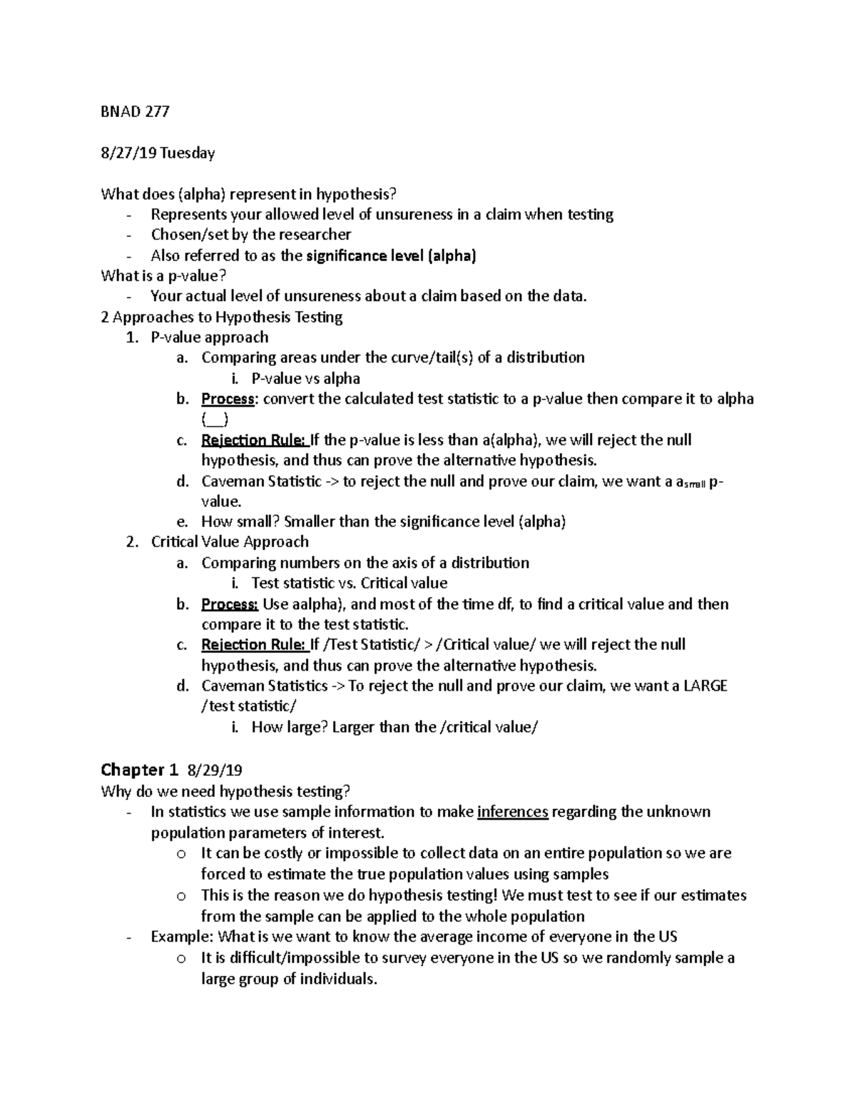BNAD 277 Notes - From book and teacher - BNAD 277 8/27/19 Tuesday What ...