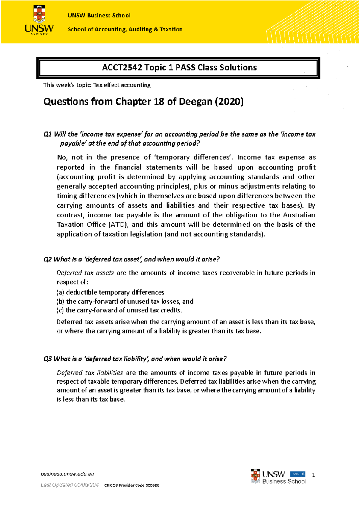 T01 PASS Class Solutions - 1 UNSW Business School School of Accounting, Auditing & Taxation ...