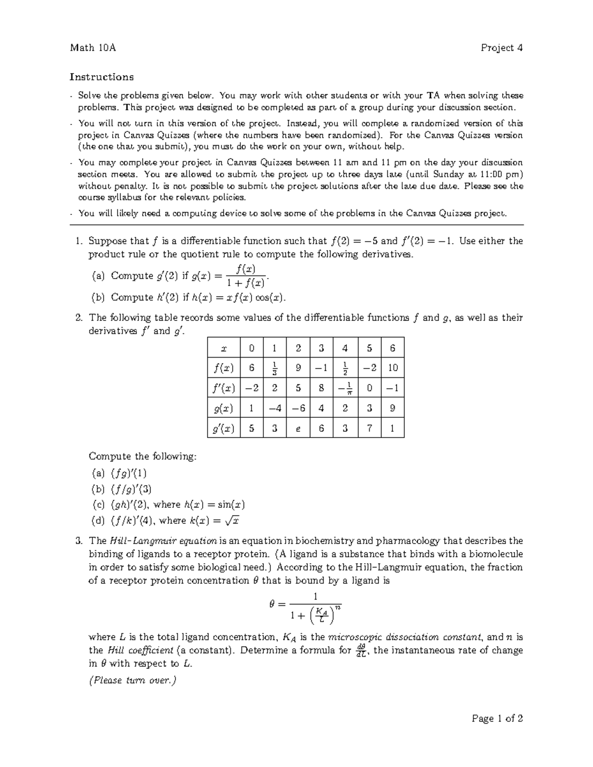 10a project 4 - Math 10A Project 4 Instructions Solve the problems ...