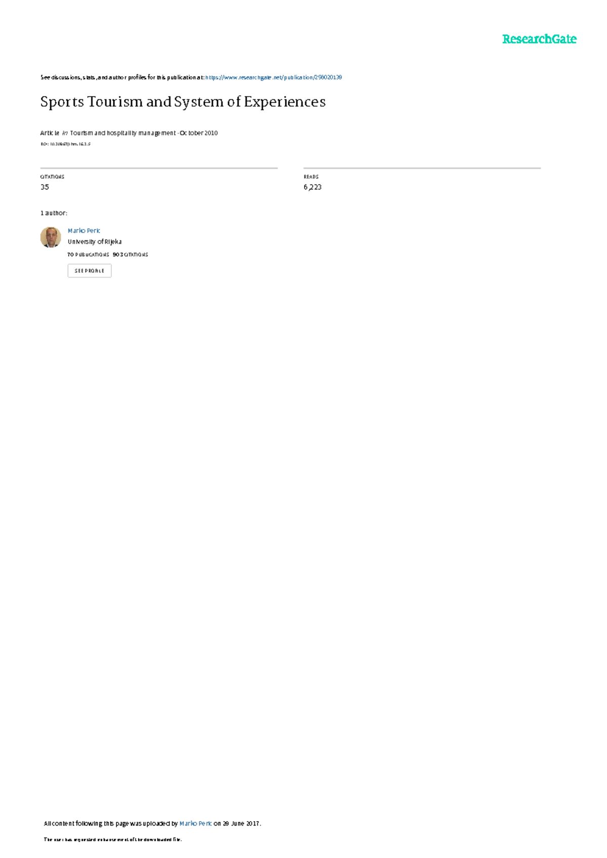 2010 Peric Sporttourismandsystemofexperiences - See discussions, stats ...