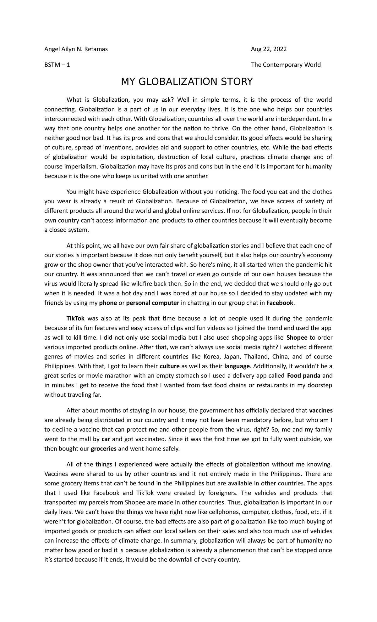 GCON My globalization story - Angel Ailyn N. Retamas Aug 22, 2022 BSTM ...