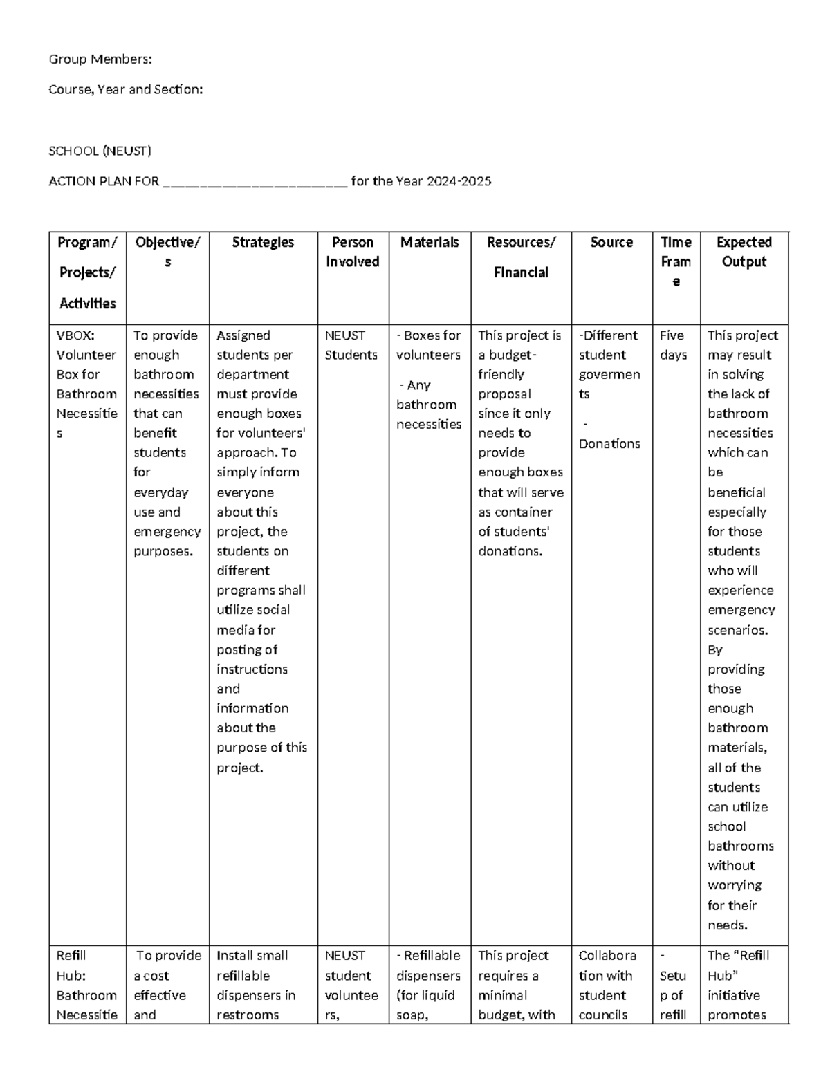 action-plan nstp - Group Members: Course, Year and Section: SCHOOL ...