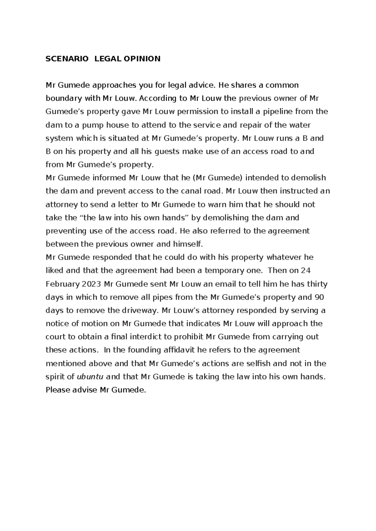 A scenario Legal opinion SU 4 - SCENARIO LEGAL OPINION Mr Gumede ...