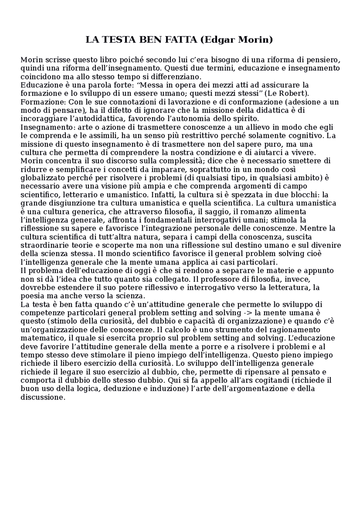 La Testa Ben Fatta Morin Riassunto - LA TESTA BEN FATTA (Edgar Morin ...