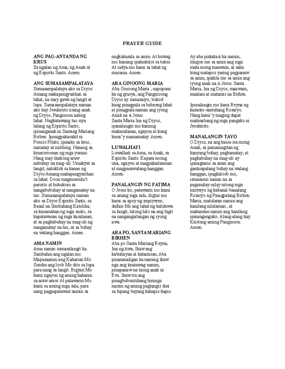 Prayer-Guide - Tagalog Prayer Guide - PRAYER GUIDE ANG PAG-ANTANDA NG ...