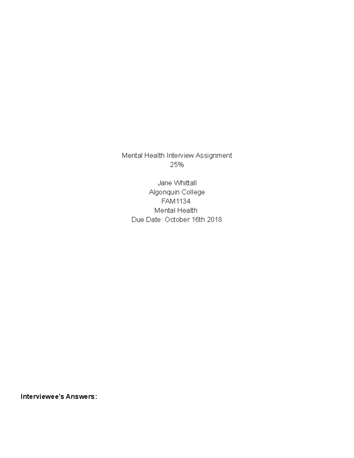 Print Mental Health Interview Assignment - Mental Health Interview ...