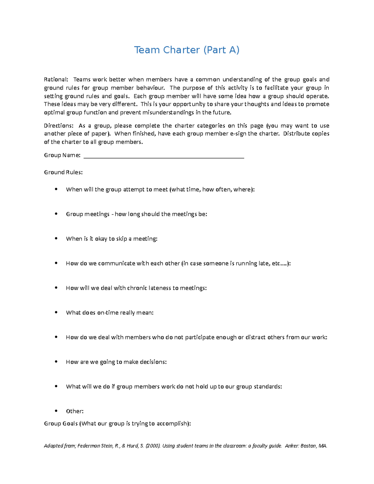 Team Charter Template - Team Charter (Part A) Rational: Teams work ...