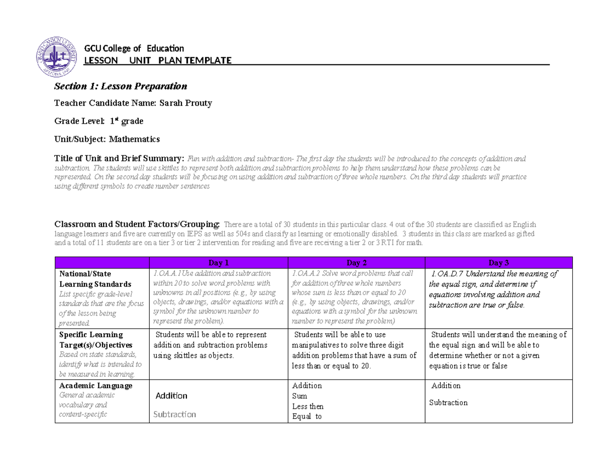 3 day lesson plan - Section 1: Lesson Preparation Teacher Candidate ...