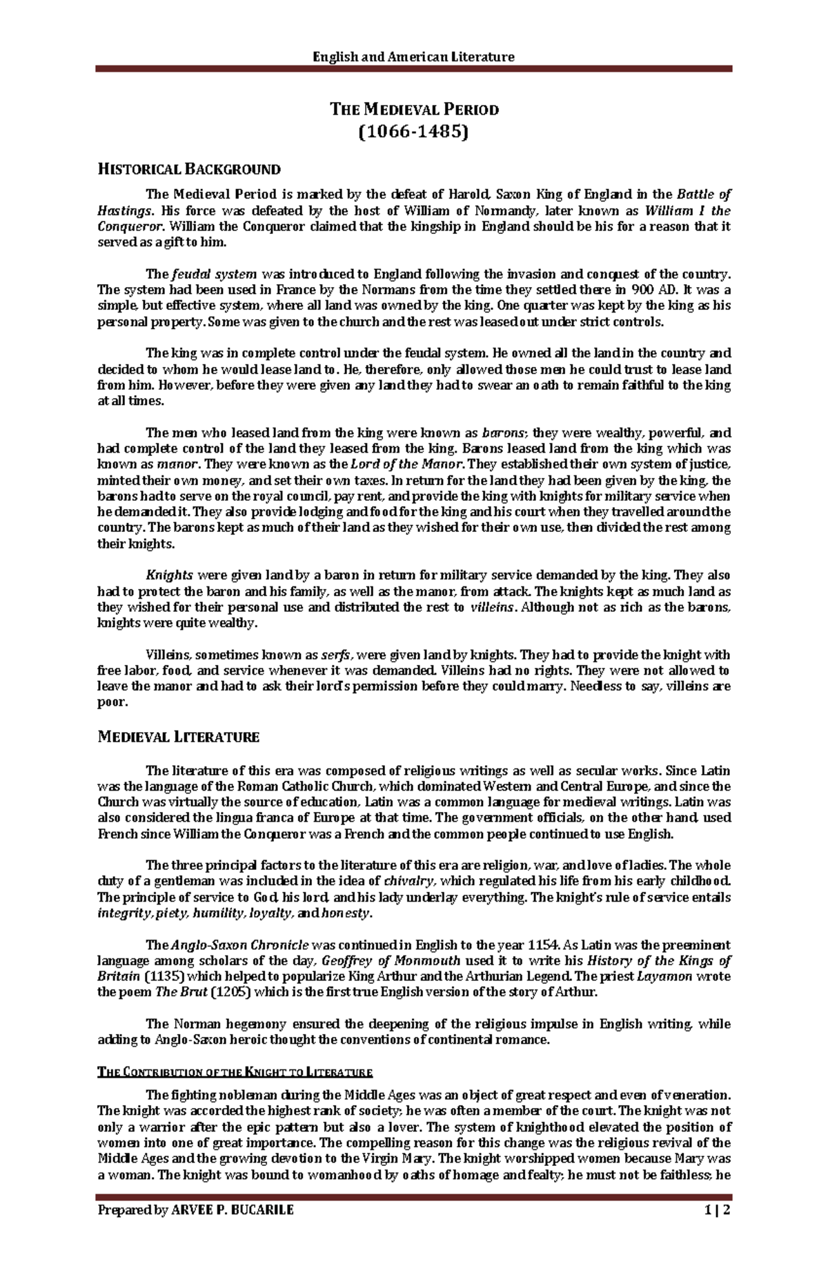 Lecture Notes in The Medieval Period - English - SLU - Studocu