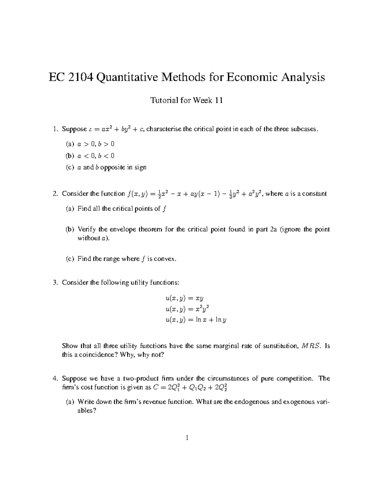 Tutorial Week11 question - EC 2104 Quantitative Methods for Economic Analysis Tutorial for Week ...