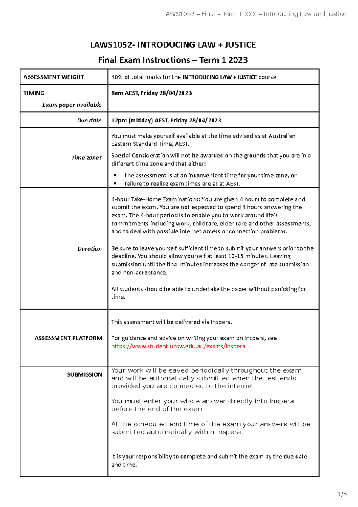 ILJ Examination Instructions 2023 - LAWS1052- INTRODUCING LAW + JUSTICE ...