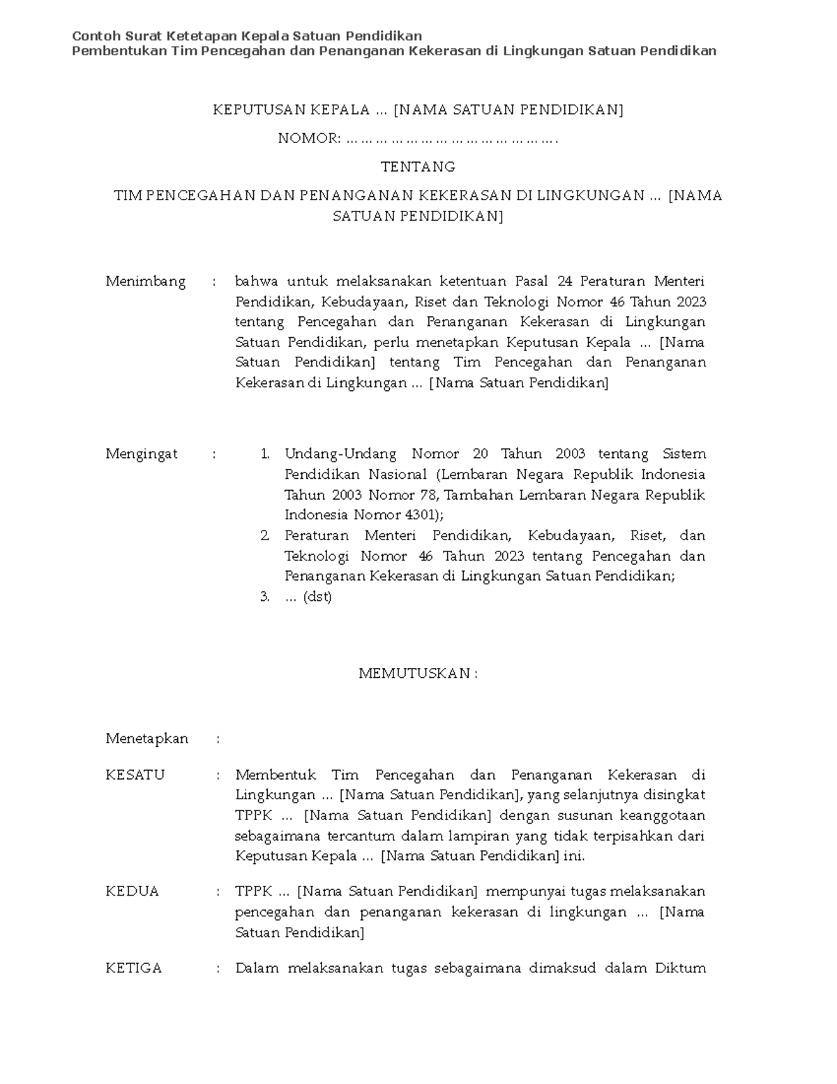 Lampiran 2- Contoh SK Kepala Satuan Pendidikan Pembentukan TPPK 2 ...