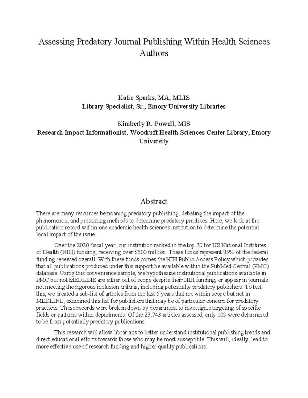 Predatory-Journal-Publishing - Assessing Predatory Journal Publishing ...