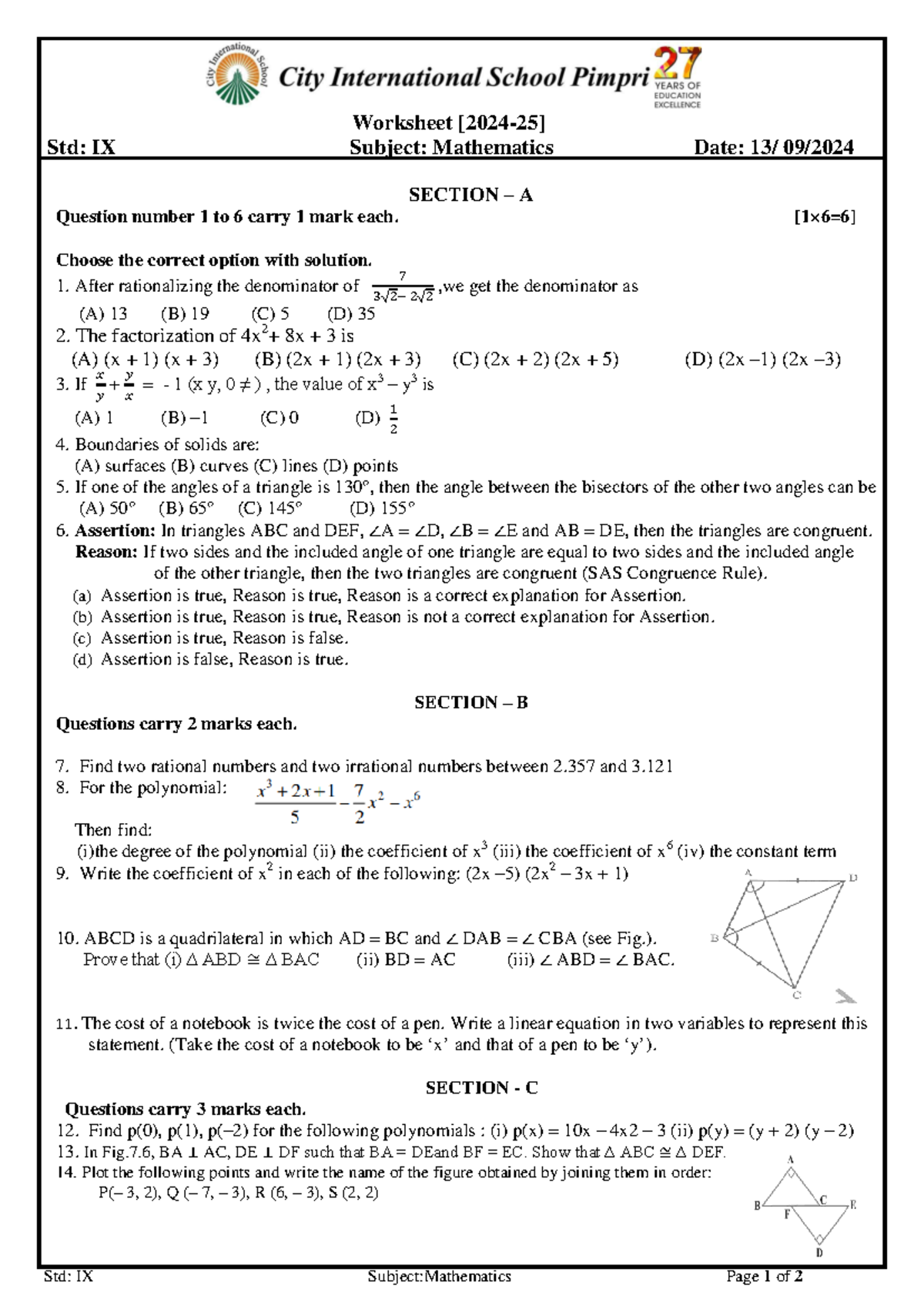 9 Mathematics Worksheet - Std: IX Subject:Mathematics Page 1 of 2 ...