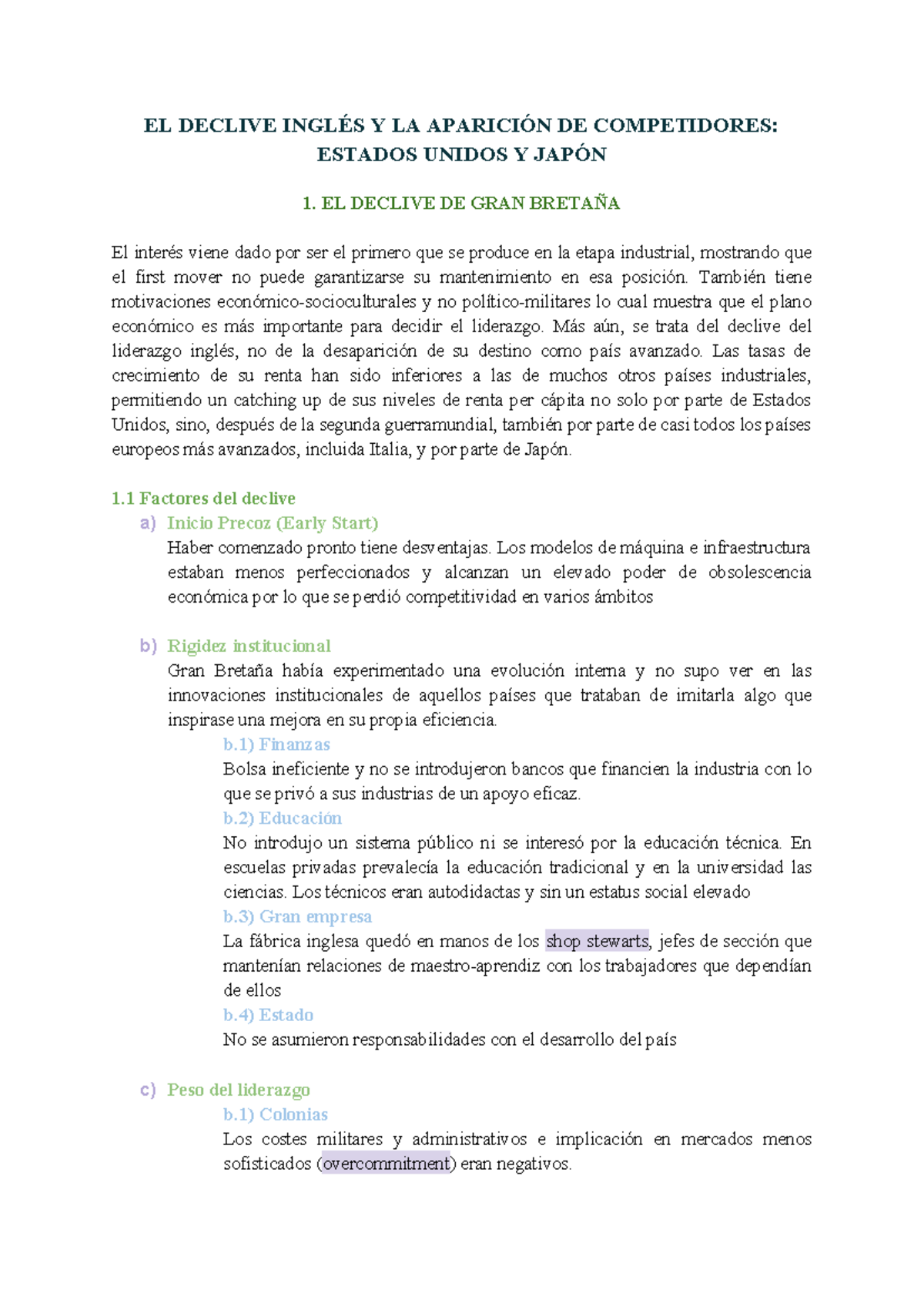 Historia Económica T. 2 - EL DECLIVE INGLÉS Y LA APARICIÓN DE ...