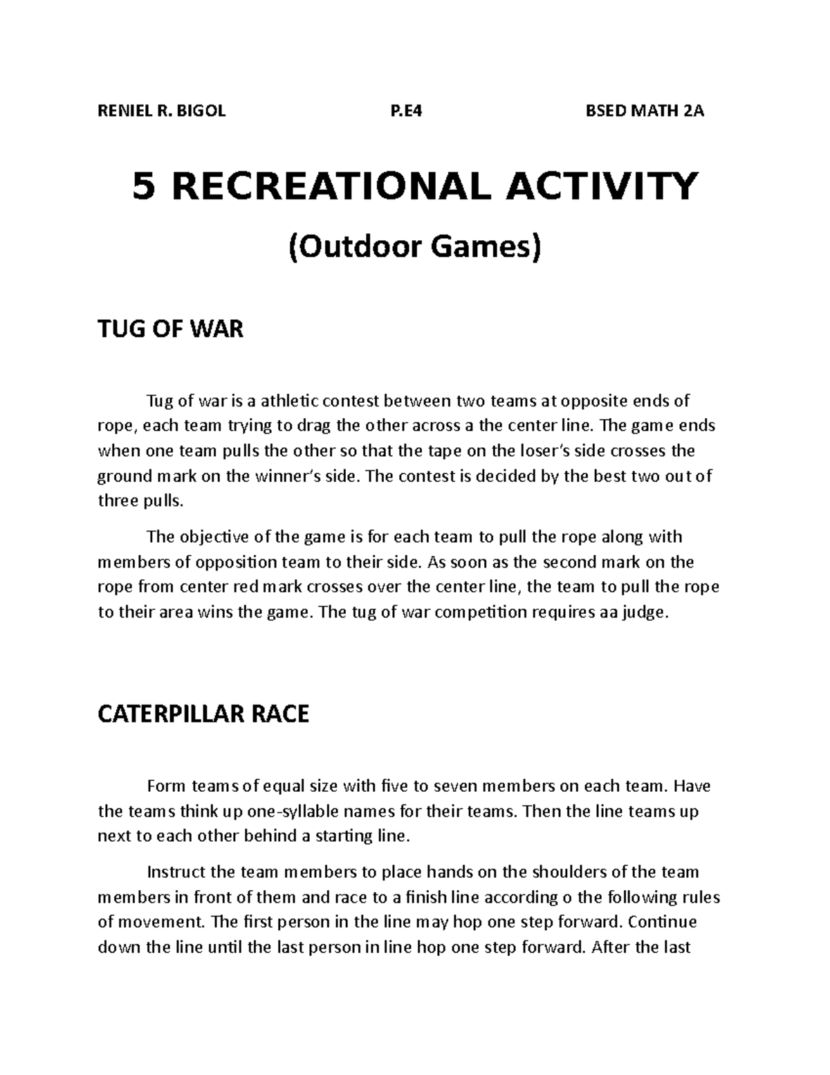 P.E 4 - REFERENCE - RENIEL R. BIGOL P BSED MATH 2A 5 RECREATIONAL ...