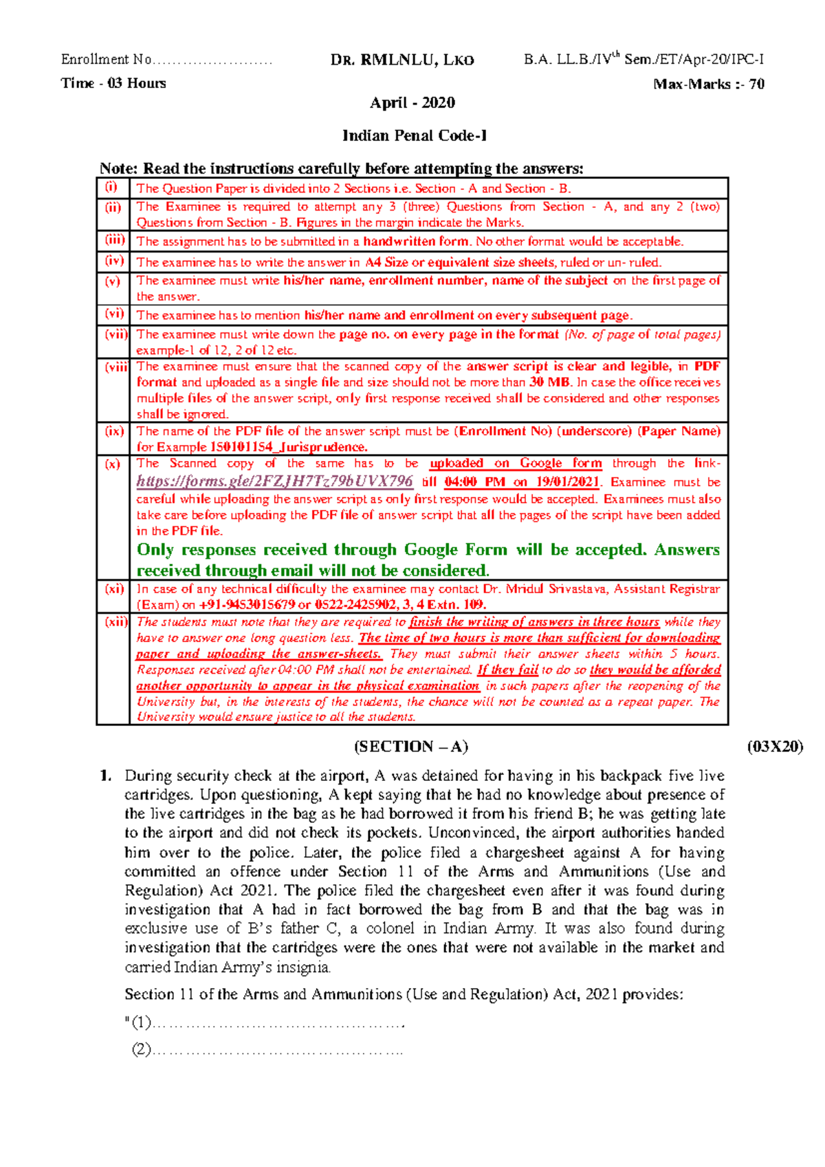 April 2020 sample questions for reference - Enrollment No ...